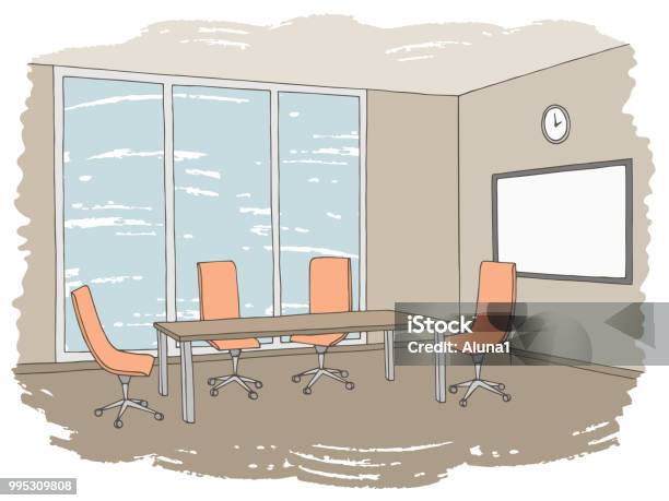 Vektor Ilustrasi Sketsa Interior Warna Grafis Office Ruang Rapat
