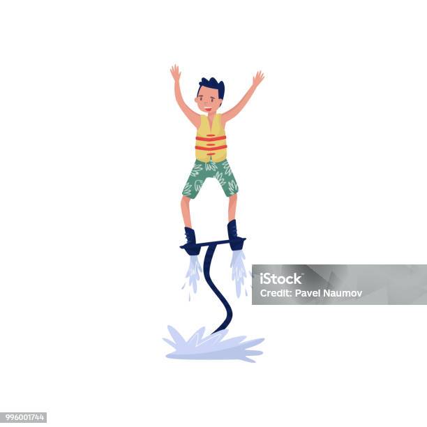 Flyboard 흰색 배경에 극단적인 물 스포츠 만화 벡터 일러스트 레이 션에 제트 팩에 대한 스톡 벡터 아트 및 기타 이미지