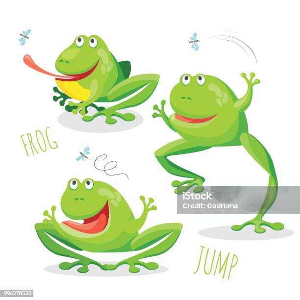Lucu Kartun Melompat Katak Set Vektor Sketsa Gambar Ilustrasi Stok