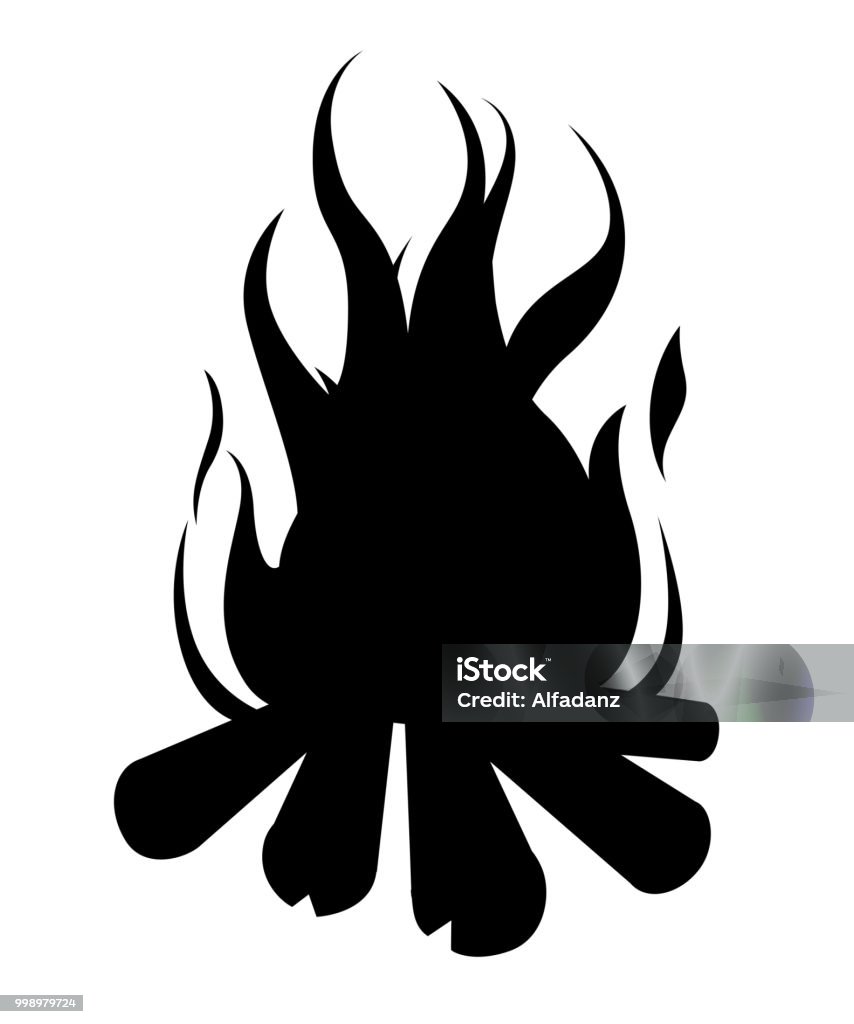 Black Silhouette Burning Bonfire With Wood Vector Cartoon Style