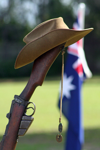 Anzac Day Army Rifle Slouch Hat Dogtags And Australian Flag Stock Photo ... Anzac Day Army Rifle Slouch Hat Dogtags And Australian Flag Stock Photo ...