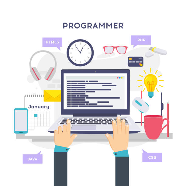 Programmer Coding Laptop Computer Work Desk Freelancer Sitting On Table ... Programmer Coding Laptop Computer Work Desk Freelancer Sitting On Table ...